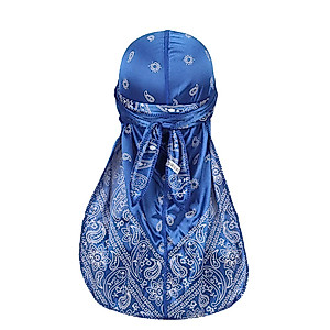 DINPREY Assorted Paisley Bandana Doo rag Cap Headwraps Men's Women's Silk Durag with Long Tail and Wide Straps for 360 Waves (Navy blue,Purple,Blue)