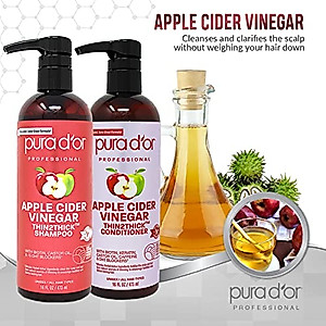 PURA D'OR Apple Cider Vinegar Thin2Thick Set (16oz x 2) ACV Shampoo & Conditioner, Clarifying, Detox - Biotin, Keratin, Caffeine, Castor Oil, Aloe - All Hair Types, Men & Women (Packaging may vary)