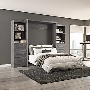 Bestar Pur Queen Murphy 2 Shelving Units with Drawers, 115-inch Space-Saving Wall Bed, Bark Grey