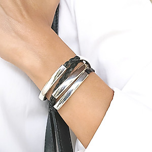 Addison Black Braided Leather Wrap Bracelet with Silver Crescents Size Small