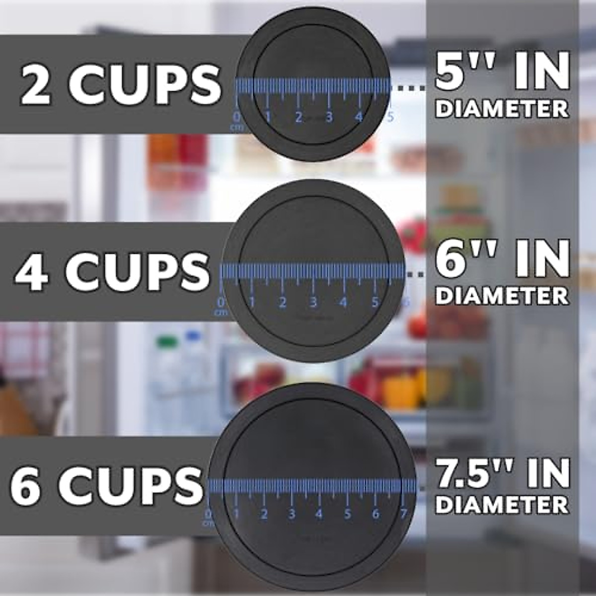 CIBI Food Storage Container Lids (2 Cups, Black - 6PK) Compatible with Pyrex and Anchor Round Glass Containers, Dishwasher and Microwave Safe Replacement Lids