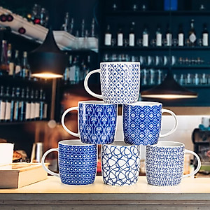 Okllen 6 Pack 11.5 Oz Coffee Mugs with Geometric Patterns, Ceramic Coffee Mugs Stylish Tea Cup Mugs Set Gift for Latte, Cappuccino, Milk, Water, Cocoa, Cereal, Blue and White