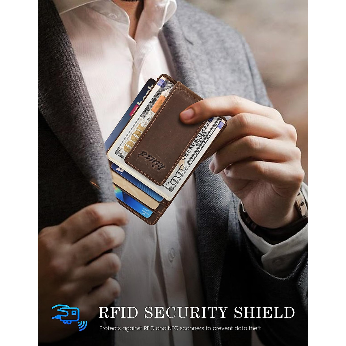 kinzd Money Clip, Front Pocket Wallet, Leather RFID Blocking Strong Magnet thin Wallet (Crazy Horse dark brown)