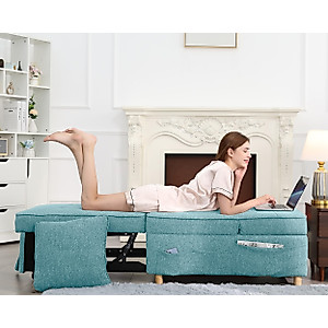 SEJOV Sleeper Sofa Chair Bed,4-in-1 Convertible Sofa Bed Chair with 6 Adjustable Backrest and Pillow, 3-Seat Pull Out Sleeper Chair Linen No Backrest for Bedroom Small Space Living Room, Sky Blue