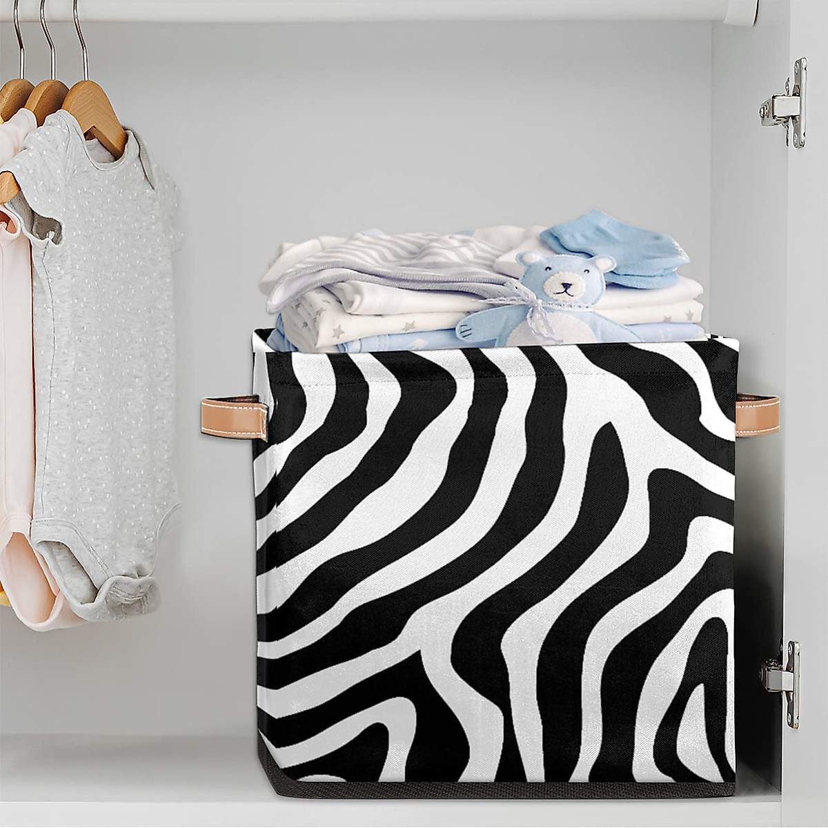 Zebra Print Animal Skin Pattern Storage Basket Bins for Organizing Pantry/Shelves/Office/Girls Room, Leopard Print Storage Cube Box with Handles Collapsible Toys Organizer 13x13