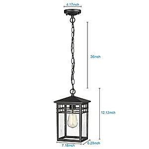 Diyel Outdoor Pendant Light Lanterns for Front Porch, Black Exterior Hanging Light Fixtures with Seeded Glass Shade for Patio, Entryway, Garage, Gazebo, RZ009-H BK