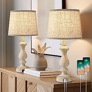 Drawealth Farmhouse Bedside Table Lamp with USB Charging Ports Traditional Bedroom Lamps for Nightstand Set of 2 White Table Lamp for Living Room Study Room Washed Finish, Bulbs Not Included