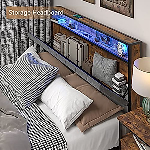 Meitewei Queen Bed Frame with Hidden Storage Headboard and 2 Drawers, LED Smart Bed Frame with Charging Station, Metal Platform Bed Frame Queen Size, No Box Spring Needed, Noise Free, Black