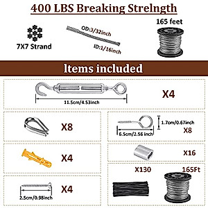 String Light Hanging Kit Outdoor Globe String Light Suspension Kit with 164 Ft Vinyl Coated Stainless Steel Wire Cable, Turnbuckle, Thimble, Hooks for Garden Patio Backyard Lighting Accessories