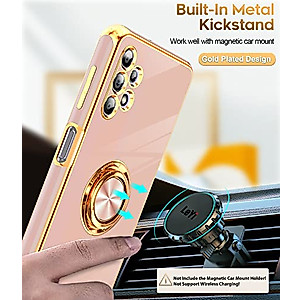 LeYi for Samsung Galaxy A32 5G Case with Tempered Glass Screen Protector [2 Pack] 360° Rotatable Ring Holder Magnetic Kickstand, Plating Rose Gold Edge Protective Case, Pink