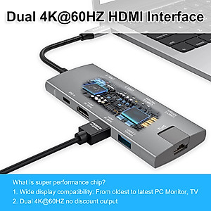 AGVEE Dual 4K@60HZ HDMI USB-C Hub, 9-in-1 Type-C Adapter with Flip Gigabit Ethernet RJ45, 2 Displays Monitors Output, 100W PD & USBC Data Dock for Steam Deck, MacBook Laptop, iPad Pro, Gray