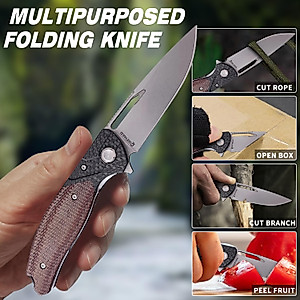 Cool Hand 4 3/8" Closed Ball Bearing Folding Knife, D2 Blade with Silver Stone Wash, Carbon Fiber Bolster & Micarta Handle, Liner Lock EDC Pocket Knives