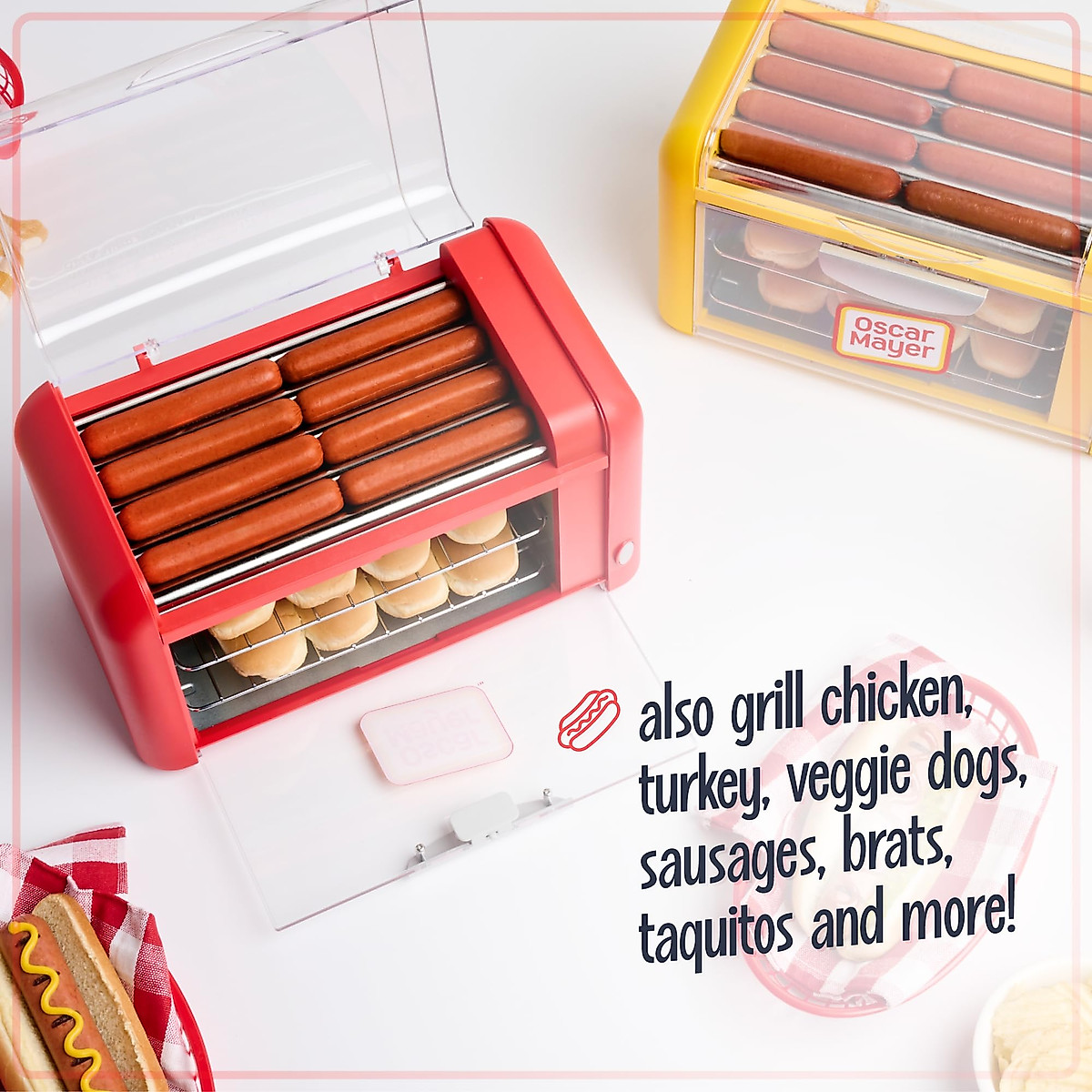 Nostalgia Oscar Mayer Extra Large 8 Hot Dog Roller & Bun Toaster Oven, Stainless Steel Grill Rollers, Non-stick Warming Racks, Perfect for Dogs, Veggie Sausages, Brats, Adjustable Timer, Red