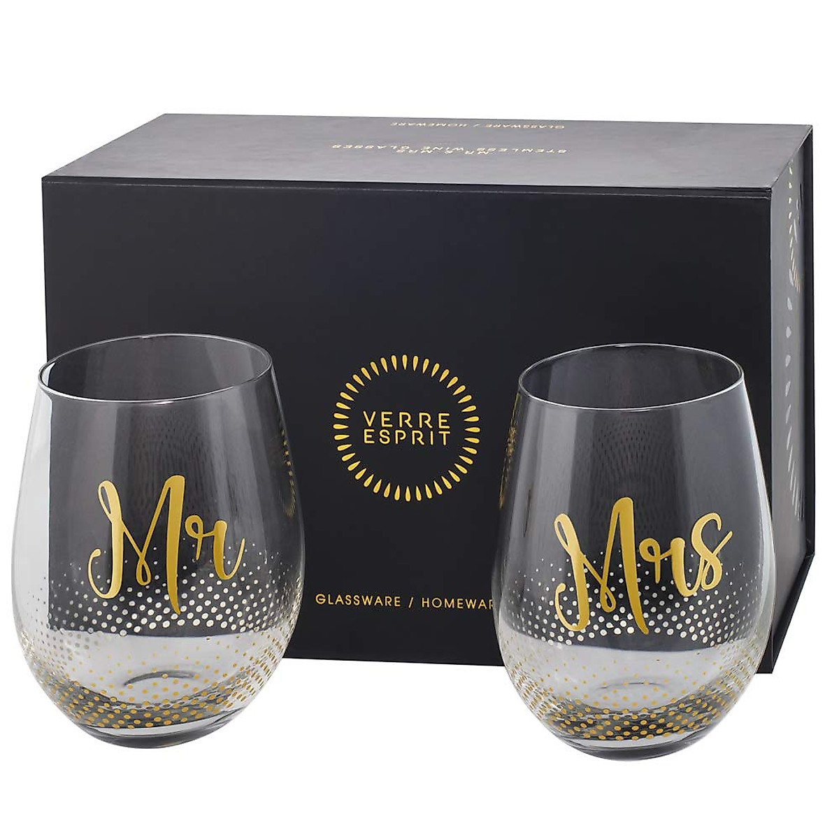 VERRE ESPRIT Mr and Mrs Wine Glasses, Stemless Wedding Glasses for Bride and Groom, Bride and Groom Glasses with Gold Lettering, Mr and Mrs Glasses set of 2, Crystal Wedding Wine Glasses