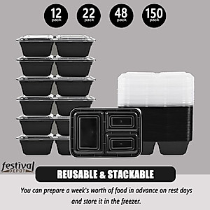 Sports Festival 22 Pack Meal Prep Containers, 43OZ Bento Box, 3 Compartment Divided Food Storage Containers Durable Stackable Reusable, For Microwave/Dishwasher/Freezer（22 Trays & 22 Lids）