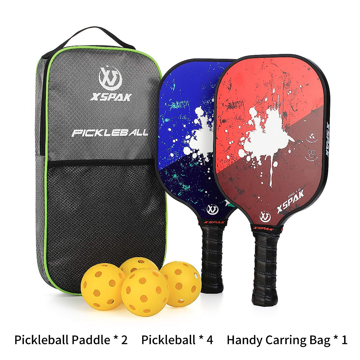 XS XSPAK Pickleball Paddles Set, USAPA Pickleball Rackets Set of 2 Feature a Premium Carbon Craft and Polymer Honeycomb Core, Including Bag and 4 Balls Gift Kit Men Women Kids Indoor Outdoor