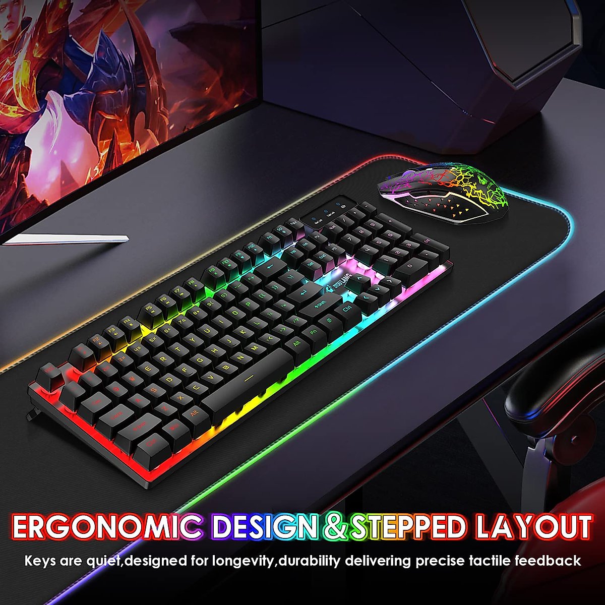 Wireless Gaming Keyboard and Mouse,Rechargeable Orange Backlit Keyboard Mouse with 3800mAh Battery,Mechanical Feel Gaming Keyboard,7 Color Gaming Mute Mouse,Gaming Mouse Pad for PC Gamer