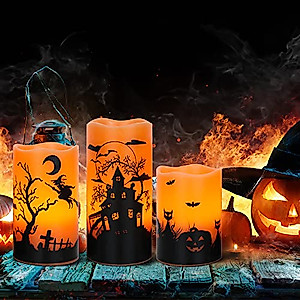 Wondise Halloween Flickering Flameless Candles with 6 Hour Timer, Battery Operated LED Real Wax Candles Set of 3 Halloween Home Decoration Gifts(3 x 4 5 6 Inch)