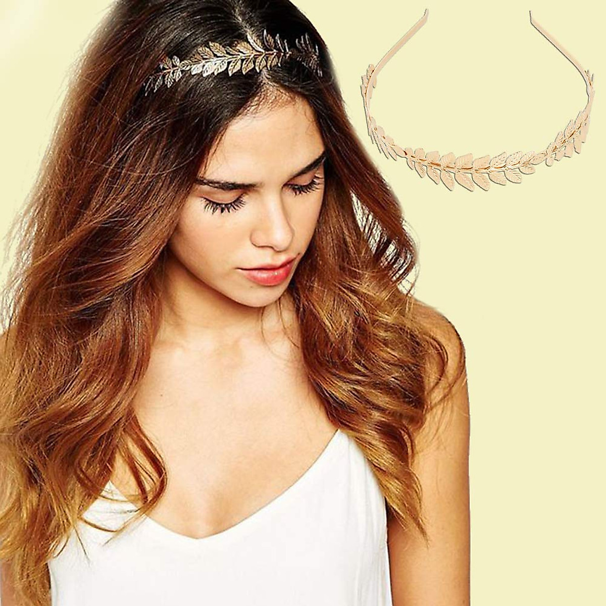 OFNMY 7 Pieces Greek Roman Laurel Leaf Bracelet Armband Golden Laurel Leaves Crown Tiara Costume Accessories Womens Leaf Headband Coil Bracelet Hair Comb Bridal Wedding