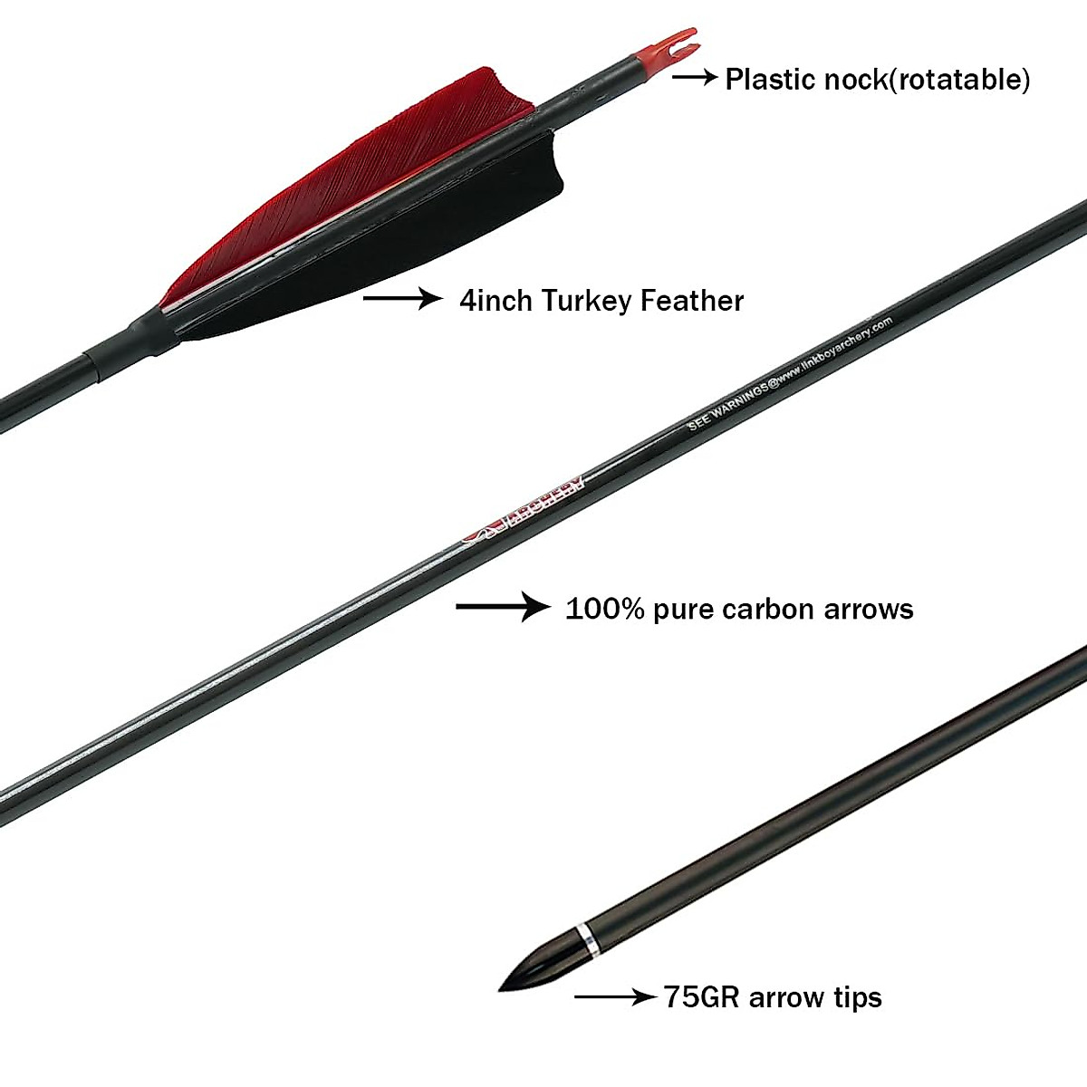 Linkboy Archery Pure Carbon Arrows Spine 300 340 400 500 600 700 800 for Compound Recurve Bow Hunting Shooting Target 12pcs (spine 400 30inch)