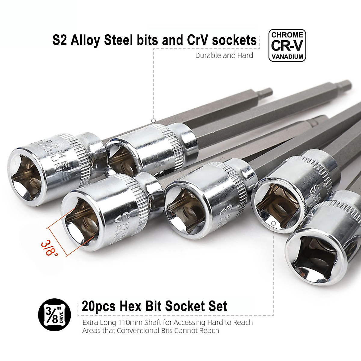 20PCS Extra Long Hex Bit Socket Set 3/8 Inch Drive | Standard SAE & Metric (1/8-Inch - 3/8-Inch, 3-12mm) | S2 Alloy Steel Allen Bits | Heavy Duty Cr-V Sockets Set
