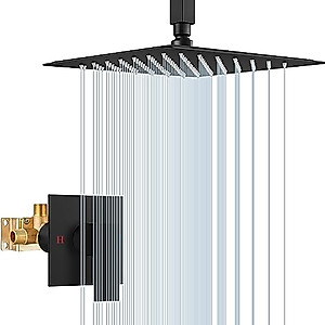 Airuida Matte Black Shower Faucet Set 12 Inch Square Shower Head and Handle Set Single Function Shower Trim Kit Ceiling Mount Bathroom with Male Threads and Rough-in Valve