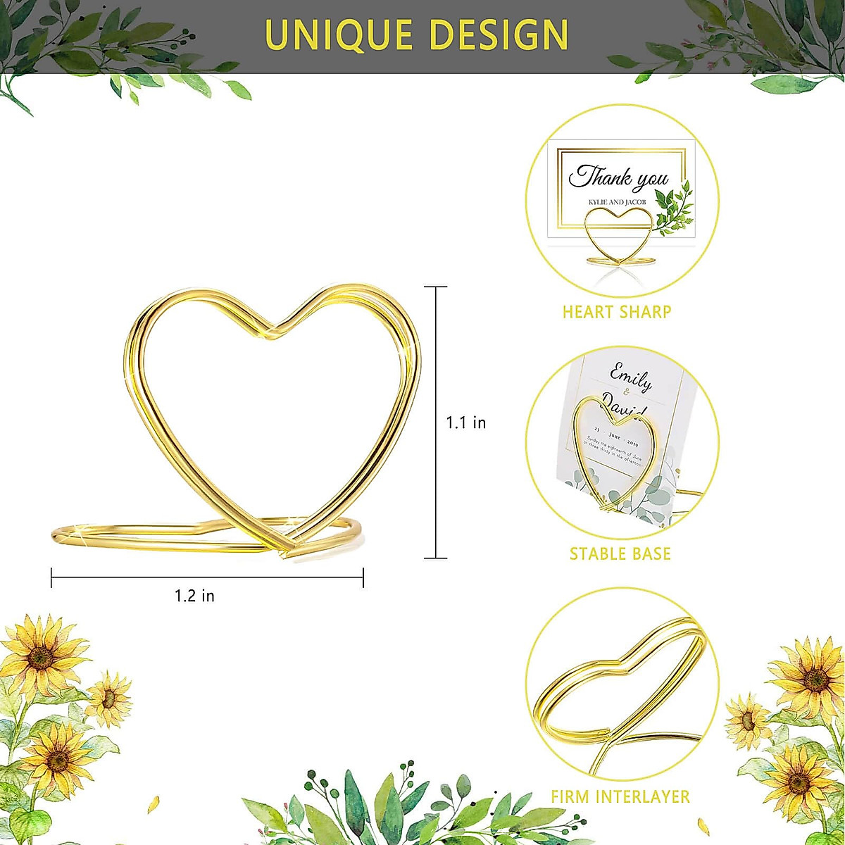 CUNGLIN Gold Table Number Place Card Holders 32 PCS, Heart Shape Photo Card Stand Business Card Card Holders for Wedding Party Mini PhotoPlaying Cards Holder Picture Menu Memo Clips