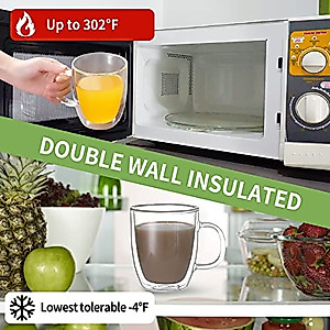 Wwyybfk Double Wall Glass Coffee Mugs, 16oz Insulated Glass Espresso Mugs Cups with Handle Lid (Set of 2) for Cappuccino, Latte,Tea (455ml)