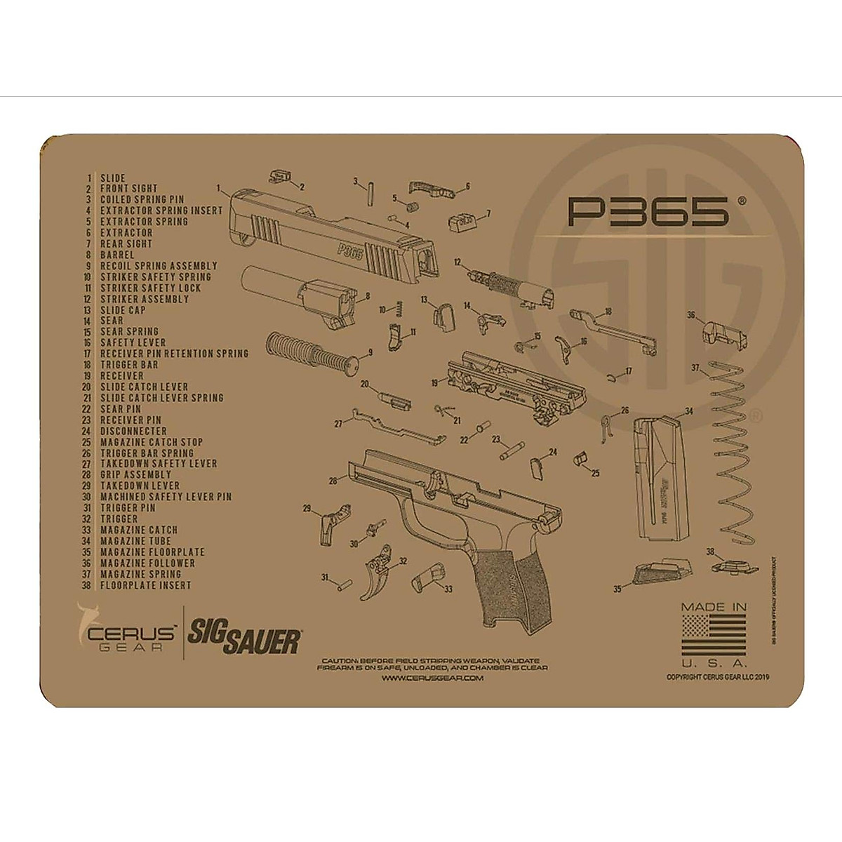 EDOG Range Warrior 27 Pc Gun Cleaning Kit - Compatible with Sig Sauer P365 Tan - Schematic (Exploded View) Mat, Range Warrior Universal .22 9mm - .45 Kit & Tac Book Accessories Set