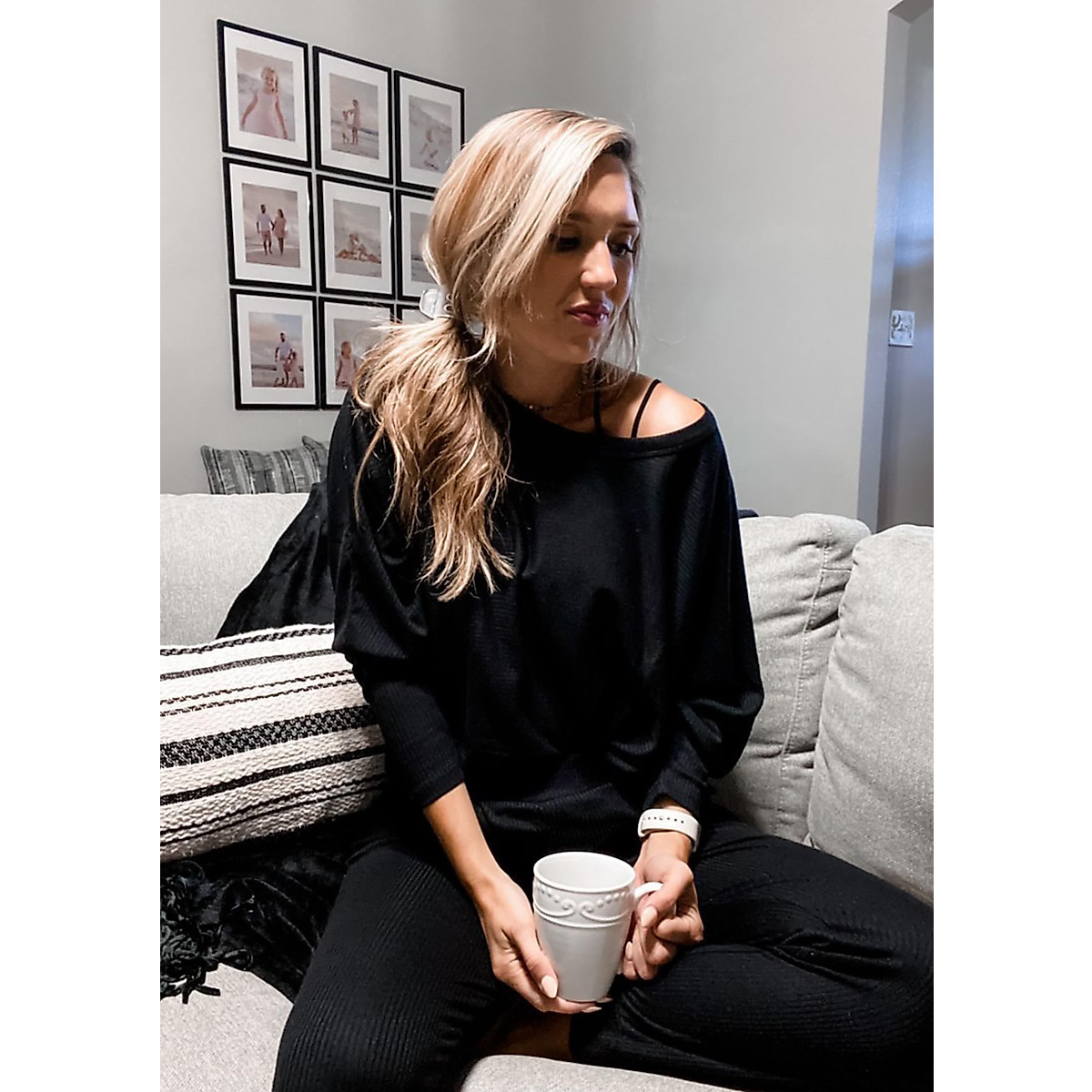 PRETTYGARDEN Women's Fall Fashion Outfits 2 Piece Sweatsuit Long Sleeve Pullover Long Pants Ribbed Matching Lounge Set (Black,X-Large)