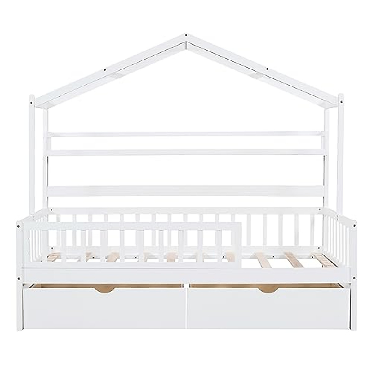 Twin Size House Bed with 2 Drawers and Shelf, Wood House Bed Frame with Roof Design and Safety Guardrail, Montessori Bed for Girls Boys Bedroom, Can be Decorated (White + Wood-A39)