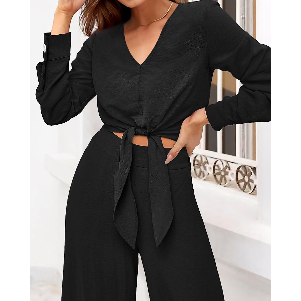 PRETTYGARDEN Women's 2 Piece Outfits 2025 Spring Casual V Neck Long Sleeve Strappy Crop Top Wide Leg Palazzo Pant Sets(Solid Black,X-Large)