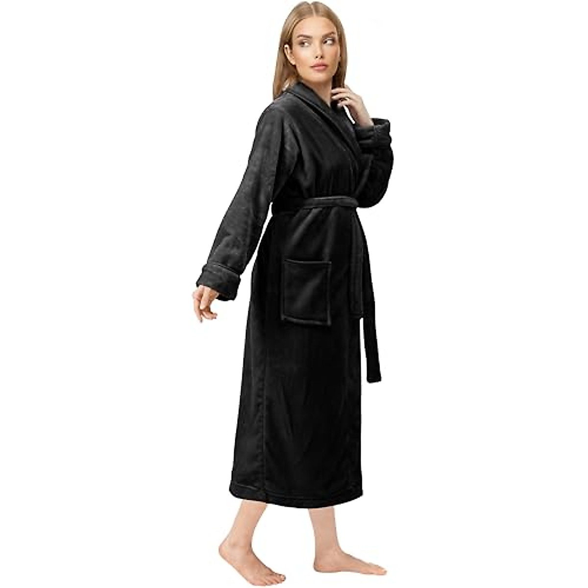 NY Threads Women's Fleece Shawl Collar Bathrobe Plush Long Spa Robe, Large, Black