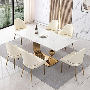 Voohek, Gold 71" Modern Sintered Stone Rectangular Dining Table with Unique C-Shaped Striped Pedestal Base and Anti-Collision Rounded Corner Design, for 6-8 People