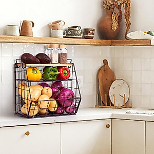 3 Tier Fruit Basket for Kitchen with Bamboo Cutting Board, Pantry Kitchen Organizers and Storage, 2 Set Stackable Wire Wall Basket, Onion Potato Vegetable Storage for Countertop Floor Cabinet Shelf