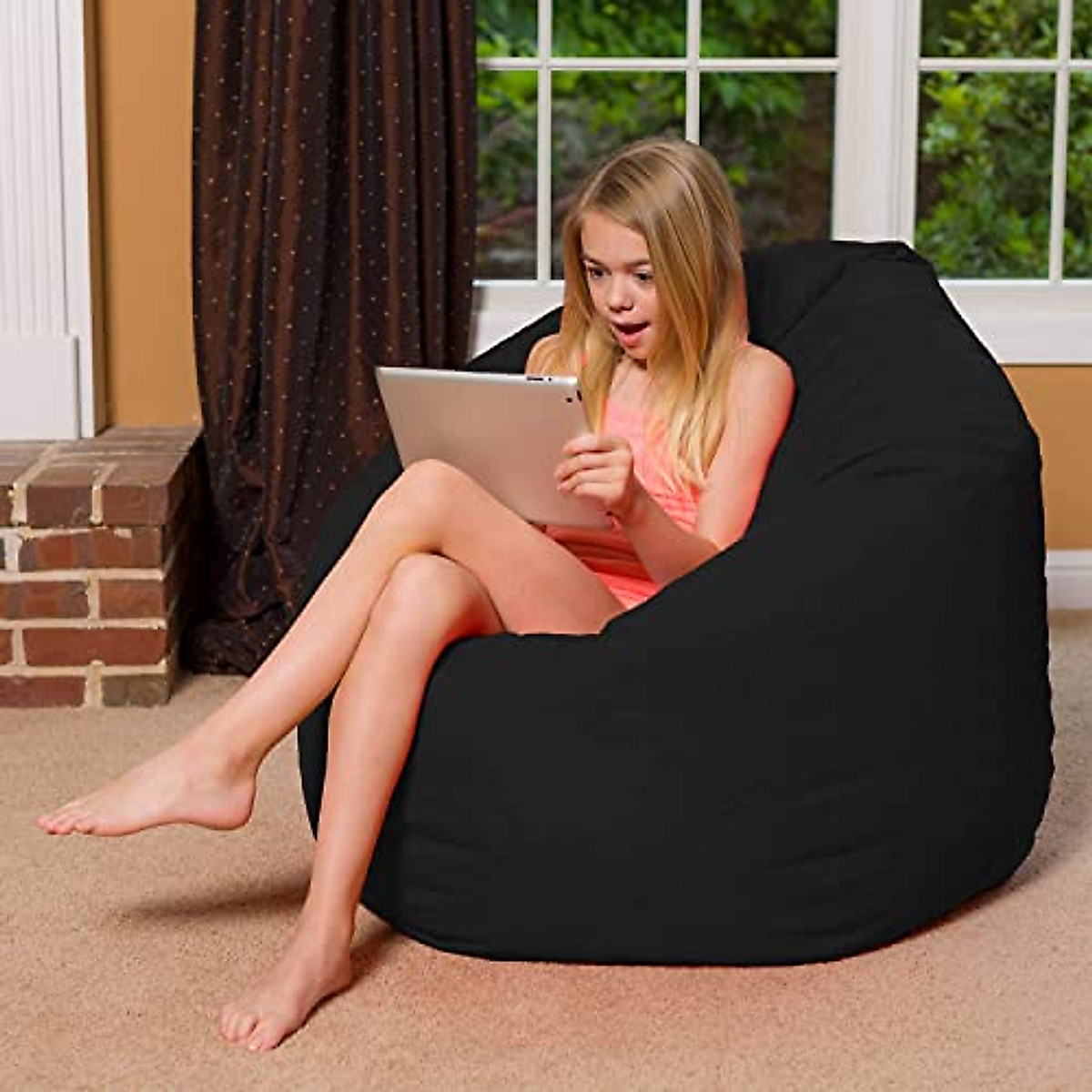 Posh Creations Bean Bag Chair for Kids, Teens, and Adults Includes Removable and Machine Washable Cover, Solid Black, 48in - X-Large