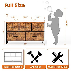 Sweetcrispy Rustic Brown Kids, 5 Dresser Chest Bedroom, Metal Frame and Wood Top for TV Stand up to 45 inch with Fabric Storage Drawer Units for Living Room