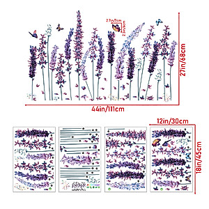 RW-1028 3D Flowers Wall Decals Purple Lavender Wall Stickers Flower Plant Butterfly Decoration DIY Removable Garden Lavender Floral Wall Art Decor for Kids Girls Bedroom Living Room Nursery Office