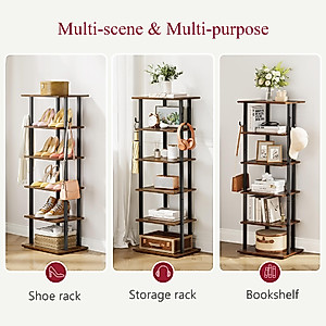 Tajsoon 6 Tier Tall Narrow Shoe Rack Organizer with 2 Hooks, Vertical Shoe Rack for Small Spaces, Shoe Shelf for 10-12 Pairs of Shoes, Small Shoe Rack for Closet, Entryway, Living Room, Bedroom
