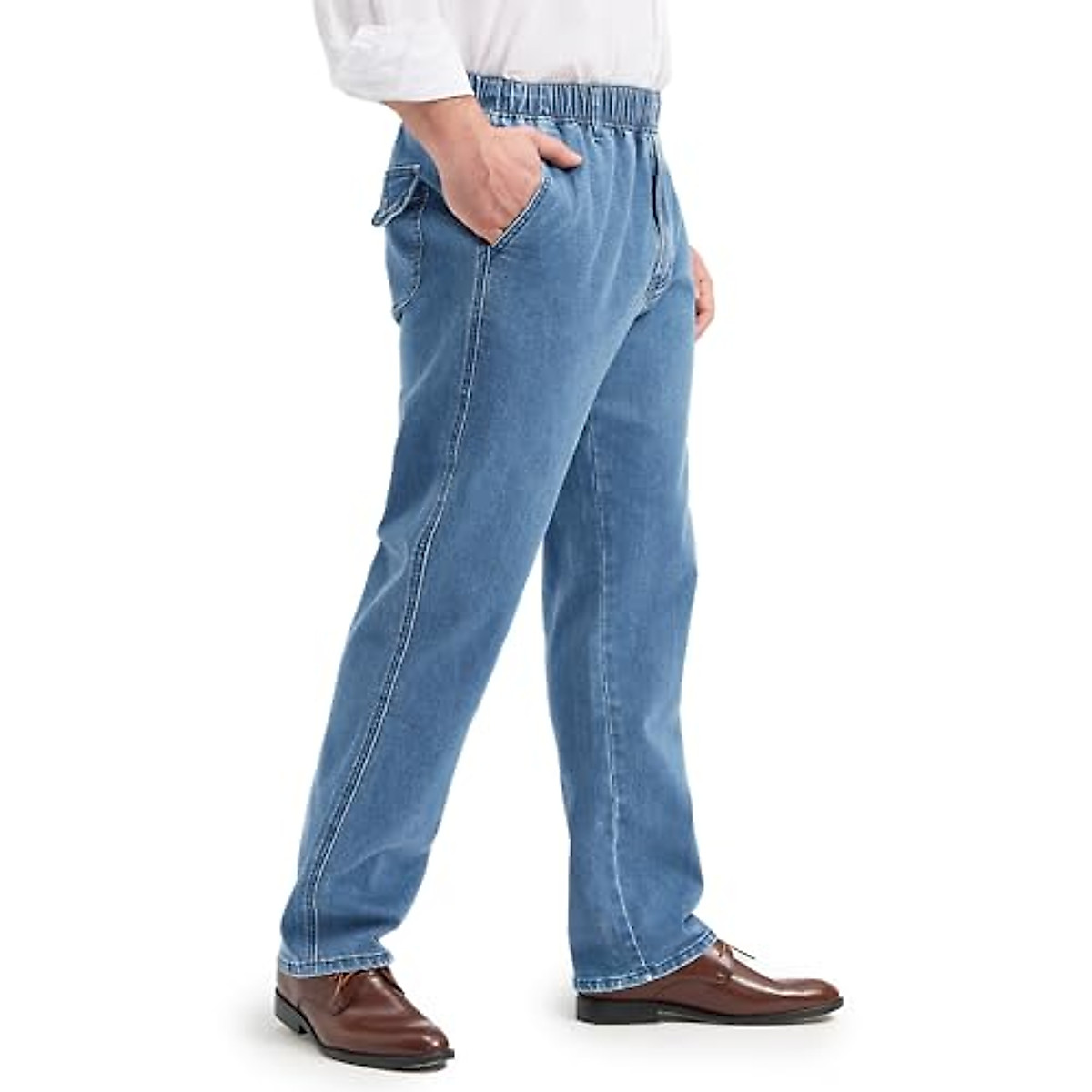 voeeron Mens Elastic Waist Jeans Loose Fit Casual Pull On Pants