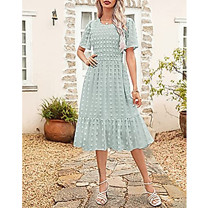 Annebouti Womens Summer Dress 2023 Flutter Short Sleeve Casual Modest Cute Swing Flowy Chiffon Swiss Dot Smocked Midi Dress Solid Light Green L