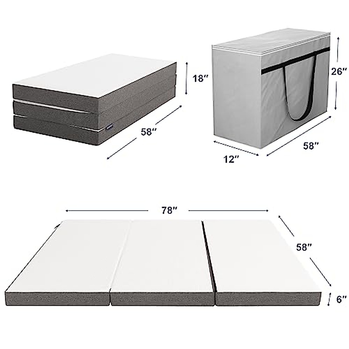 Molblly Folding Mattress, 6 inch Tri Folding Memory Foam Mattress Topper with Storage Bag, Queen Size - 58"x 78"x 6"