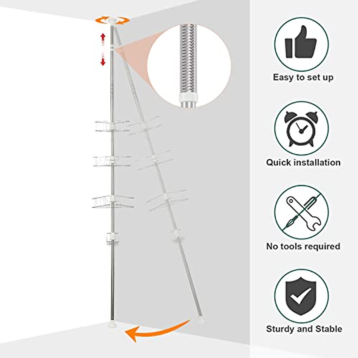 shower caddy corner organizer for bathroom,caddy shelves cirner storage bathtub shampoo holder rack with rustproof stainless tension pole 4-tier adjustable stand on floor 100-130 inches height