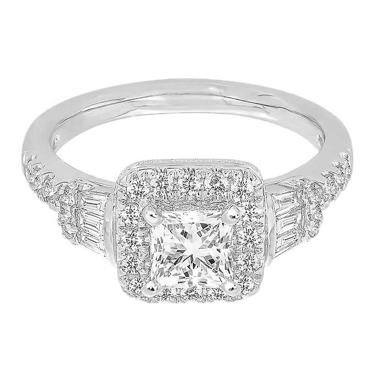 1.33 CTW Halo Engagement Rings for Women White Gold Princess Cut and Baguette Cut Moissanite Engagement Ring Platinum Plated Silver 10K 14K 18K Gold Wedding Anniversary Promise Rings with Text Engraving(14K Gold)