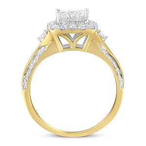 Haus of Brilliance 10K Yellow Gold 1.0 Cttw Diamond Composite Cushion-Shape Halo 3-Band-Look Engagement Ring (H-I Color, SI1-SI2 Clarity) - Size 7