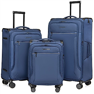 Verage Toledo 3 Pieces Luggage Sets, Softside Expandable Spinner Wheel Suitcase with Flashlight, Navy, 3-Piece Set(20/24/29)