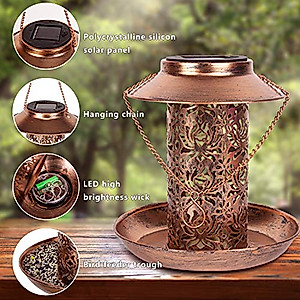 OLIKER Solar Bird Feeder Decorative Metal Panels Hanging Bird House with Light for Feeding Wild Bird Feeder Outdoors Hanging Gift for Bird Lovers Outdoor Garden Backyard Decoration