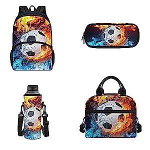 Drydeepin Blue Orange Flame Fire Football Soccer Ball Print 4Pcs School Bag Set for Kids Boys School Backpack with Lunch Box and Water Bottle Holder Pencil Pouch Middle School Student Bookbag