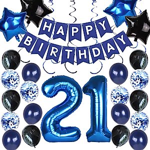 YUNXUAN 21st Birthday Decorations, 21st Birthday Decorations for Him, Happy Birthday Banner Blue Number 21 Foil Balloon for 21st Anniversary Decorations Birthday Party Backdrop
