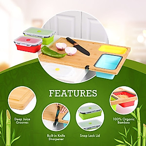 Slim Over Sink Cutting Board for Kitchen with 4 Color-Coded Collapsible Containers- Meal Prepdeck Station with Containers and Built-in Knife Sharpener (Original Containers)